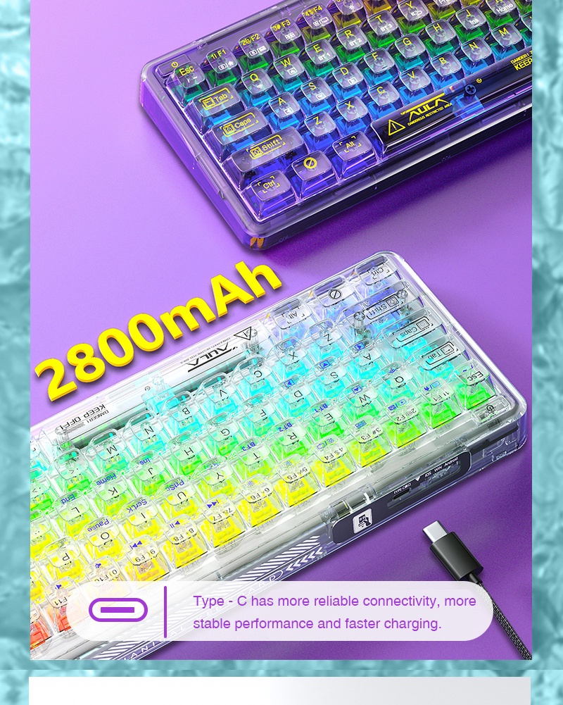 AULA F68 68 key Mechanical Keyboard 2.4G Bluetooth Wired Transparent ...