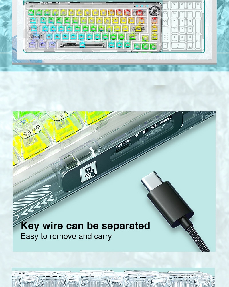 AULA F68 68 key Mechanical Keyboard 2.4G Bluetooth Wired Transparent Key Cap RGB Light Effect ...
