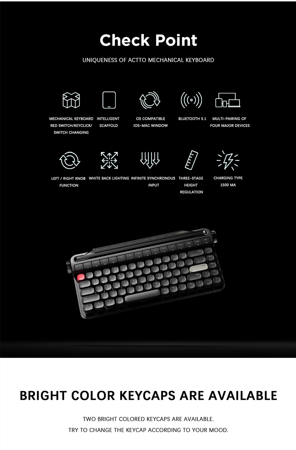 ACTTO B703 retro mechanical keyboard Blue/Red switch Keyclick GATERON ...