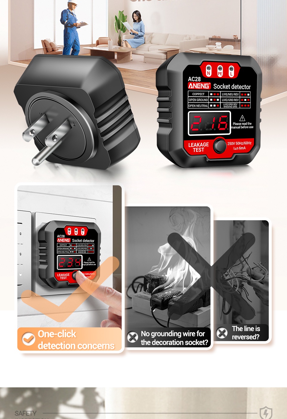 Aneng Ac28 Digital Socket Powe Tester 250V 50Hz/60Hz Polarity Detector ...