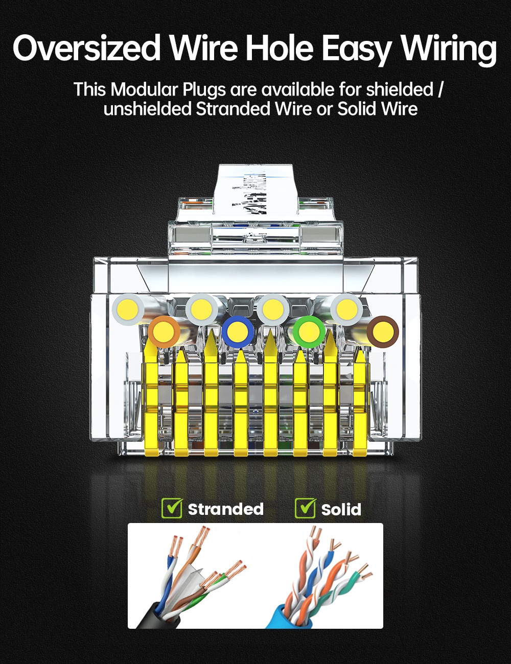 AMPCOM CAT6 Pass Through 8P8C STP RJ45 Connectors, Shielded 3/50μ Gold ...