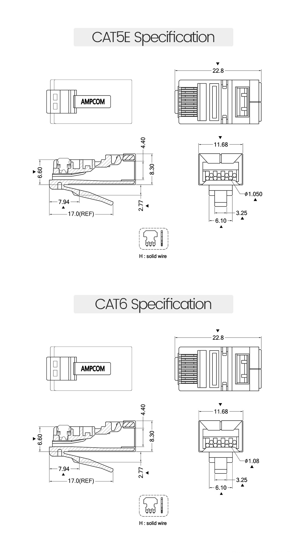 AMPCOM CAT6 Pass Through 8P8C STP RJ45 Connectors, Shielded 3/50μ Gold ...