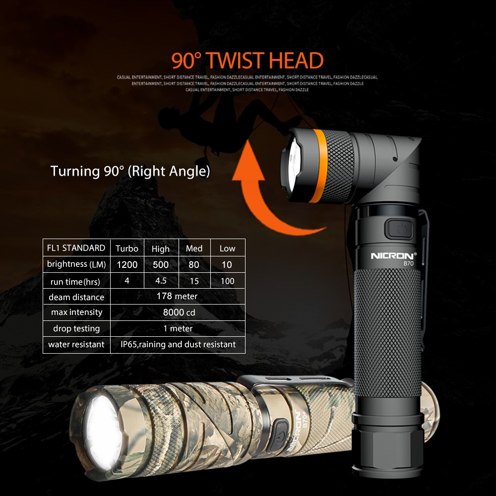 NICRON B70/B70 Plus Flashlight 90° Twist Rechargeable Flashlight Rotary ...