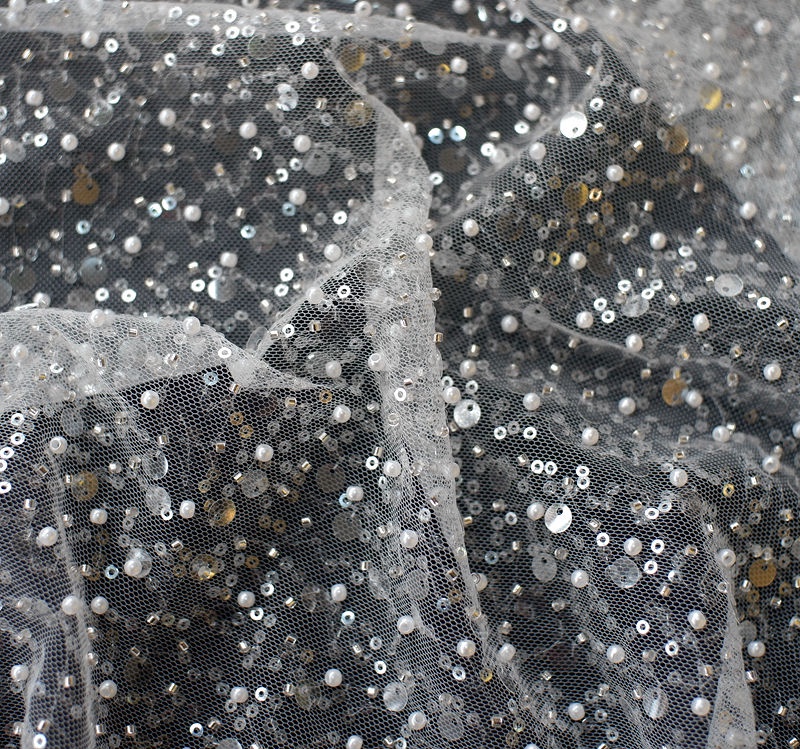 Handmade Beads heavy beaded sequins net fabric wedding dress clothing ...