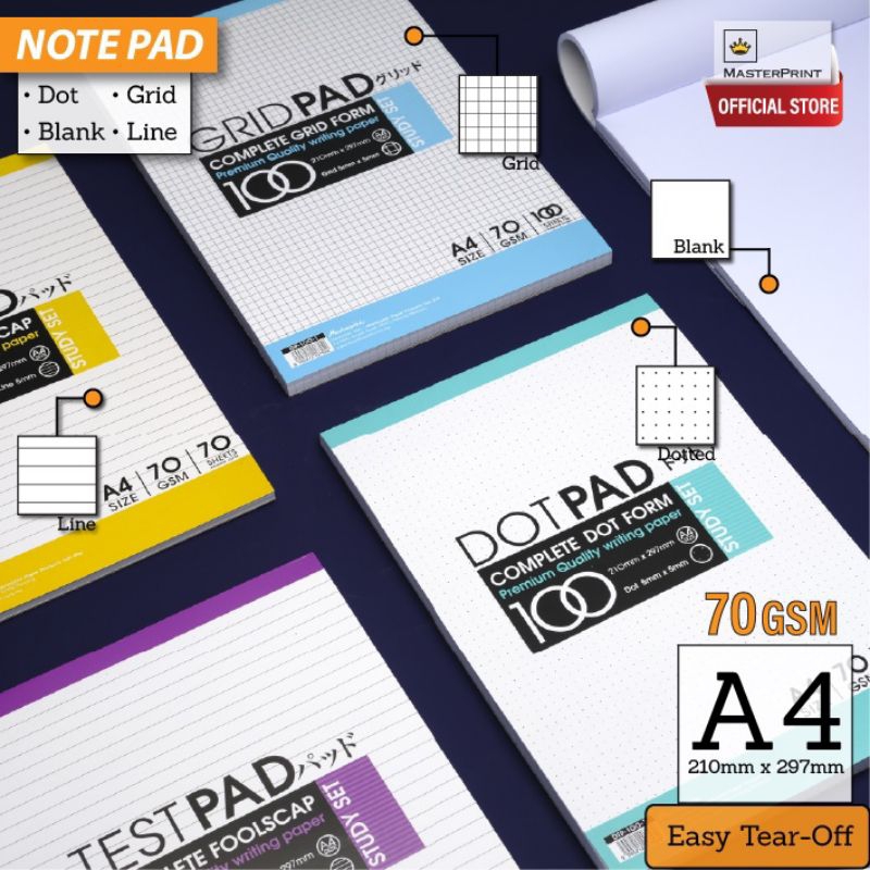 MASTERPRINTS A4 Premium Quality Writing Paper Complete Grid/Dot/Blank ...