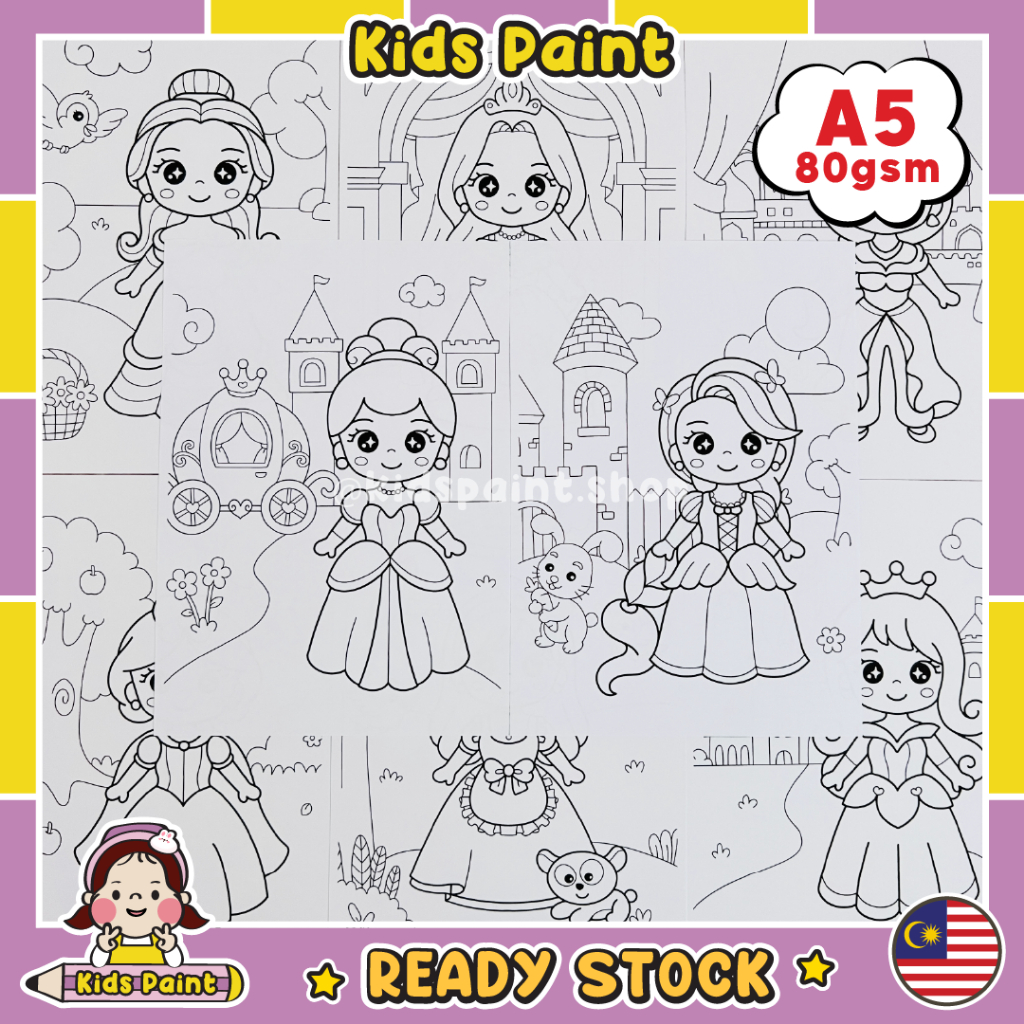 [KidsPaint] Princess 8 Sheets Kids Coloring Paper (A5 Print Out) Buku ...