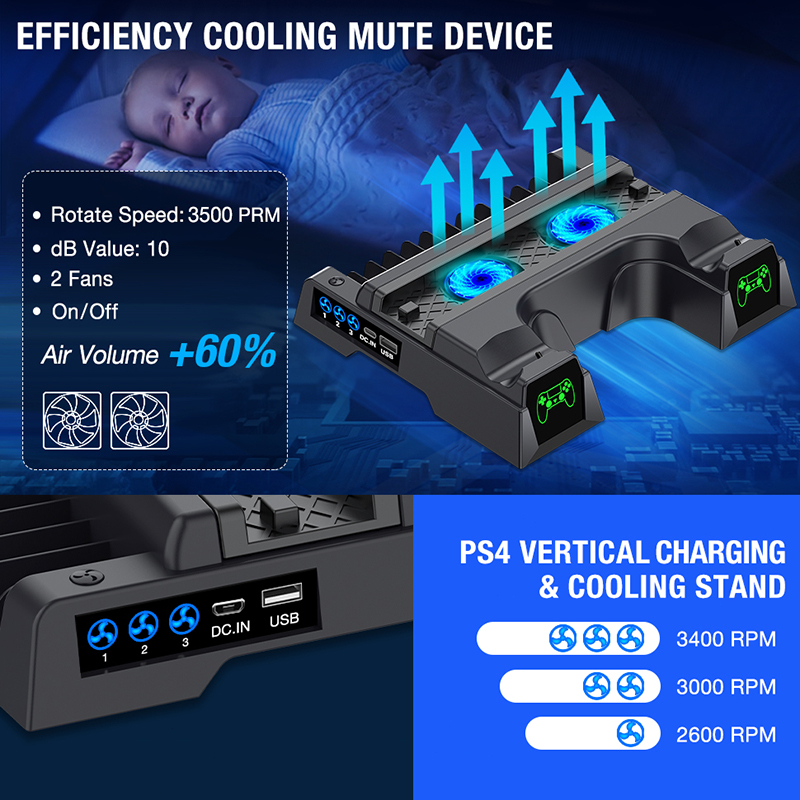PS4/PS4 Pro/PS4 Slim Console Vertical Cooling Stand LED Dual Charger ...