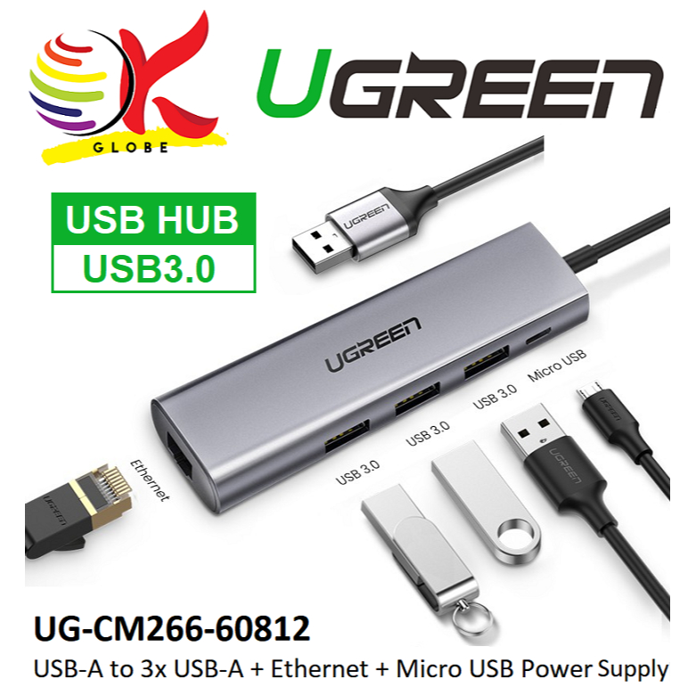 UGREEN CM266 USB 3.0 3× USB3.0+ RJ45 (1000MBPS) ETHERNET LAN ADAPTER ...