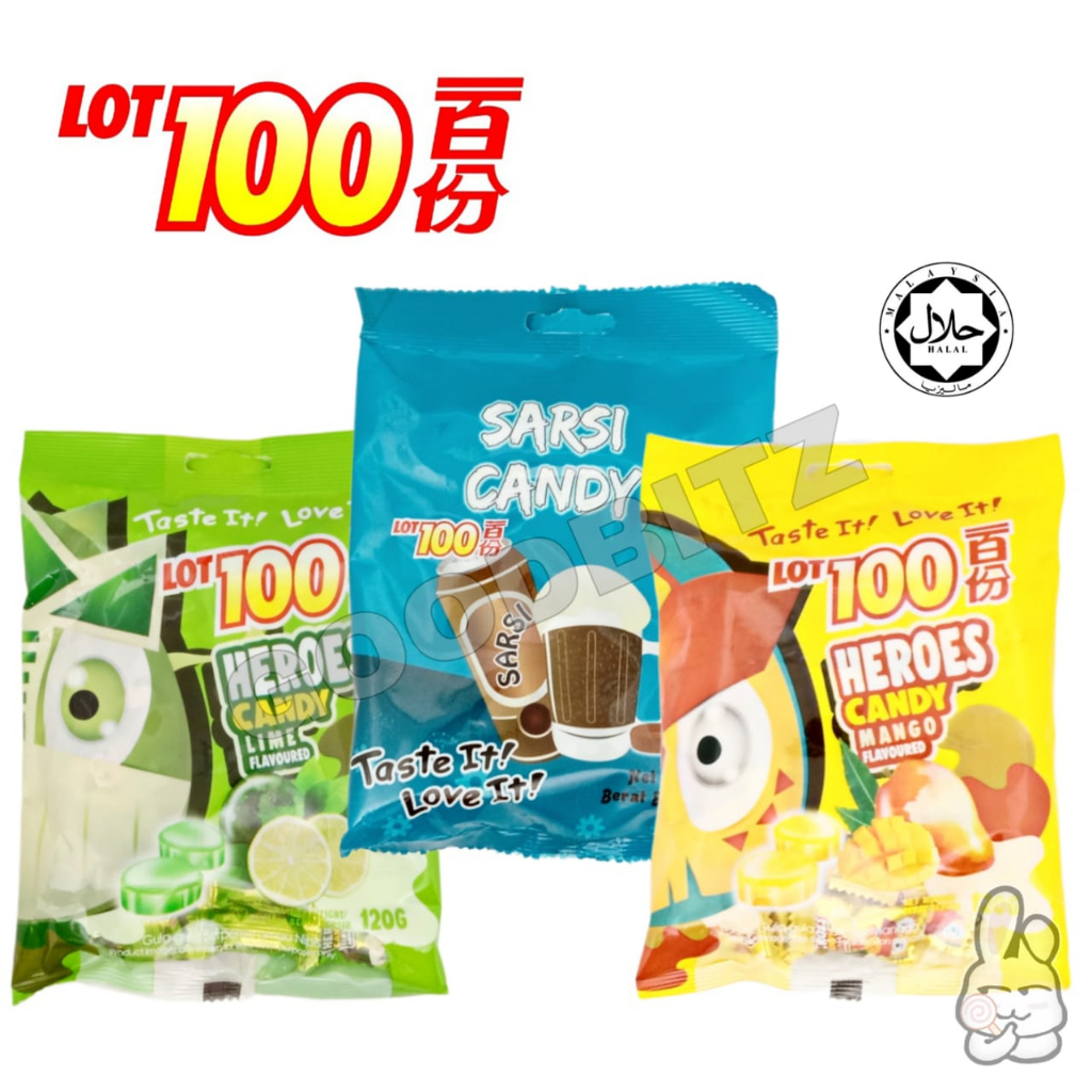Lot100 Heroes Candy Lime, Mango, Sarsi Flavor 120g (Gula-Gula Berperisa ...