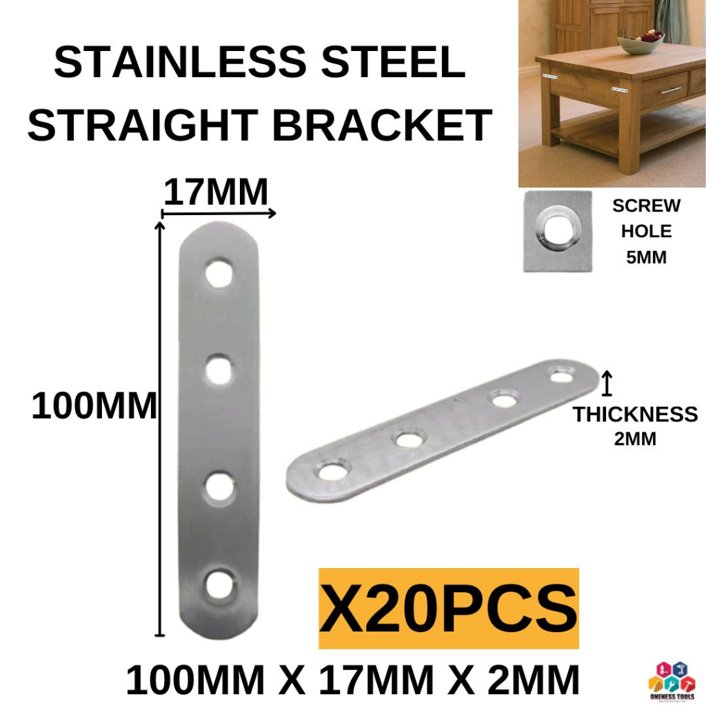 STAINLESS STEEL STRAIGHT BRACKET 100MM X 17MM X 2MM - X 20 PCS | Shopee ...