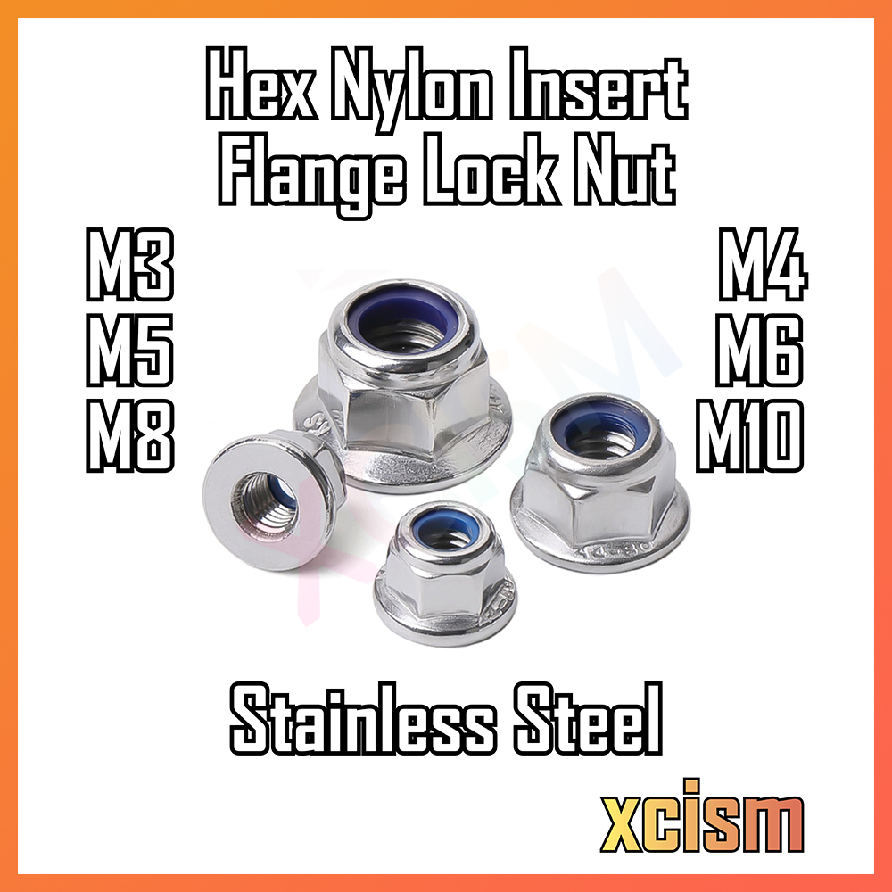 Hex Nylon Insert Flange Lock Nut Flanged Nyloc Nut Nat Nilon Bolt Screw Skru M3 M4 M5 M6 M8 M10 ...