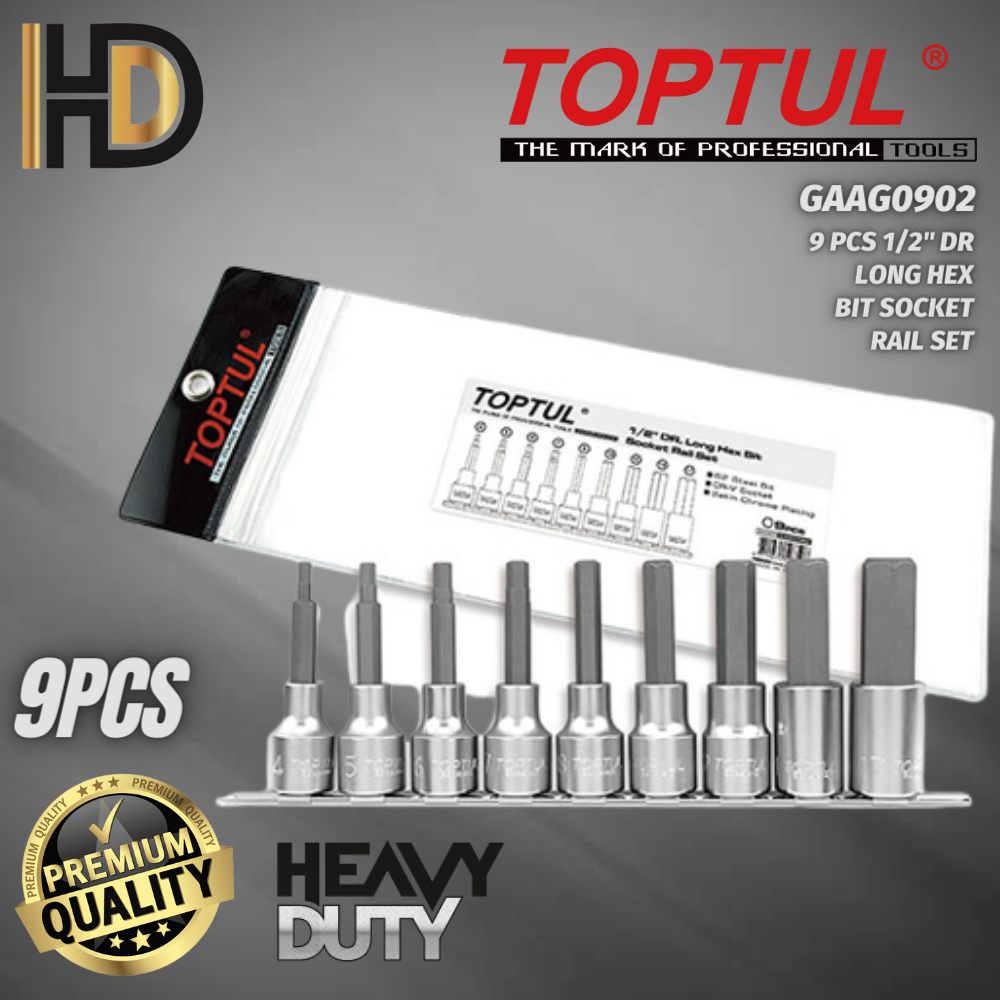 TOPTUL 9 Pcs 1/2" DR Long Hex Bit Socket Rail Set / Heavy Duty Long Hex ...