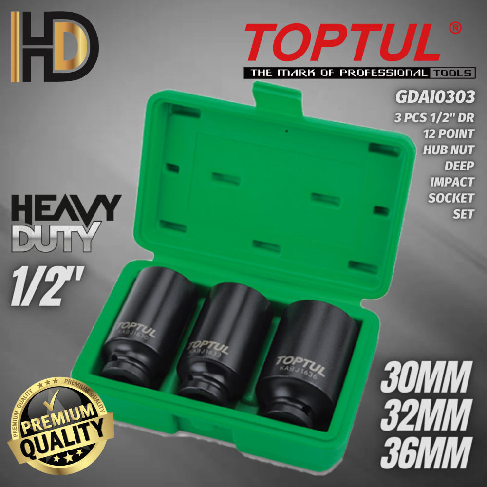 TOPTUL 3 Pcs 1/2" DR Hub Nut Deep Impact Socket Set / Heavy Duty Impact ...