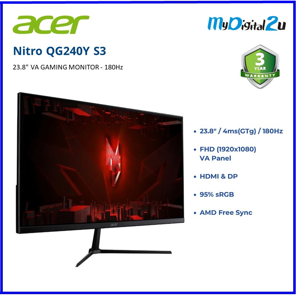 Acer Nitro QG240Y S3 (180Hz) 23.8 " Gaming Monitor, VA Panel, 1920x1080 ...