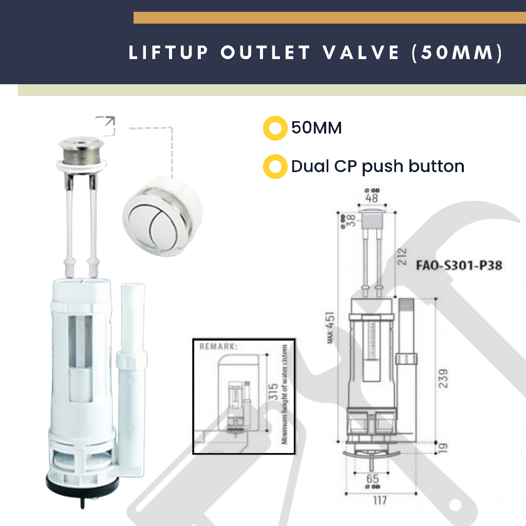 Techplas 50MM Liftup Outlet Valve FAO-S301-P38 Dual Push Button Flushing Cistern Ceramic Cistern ...