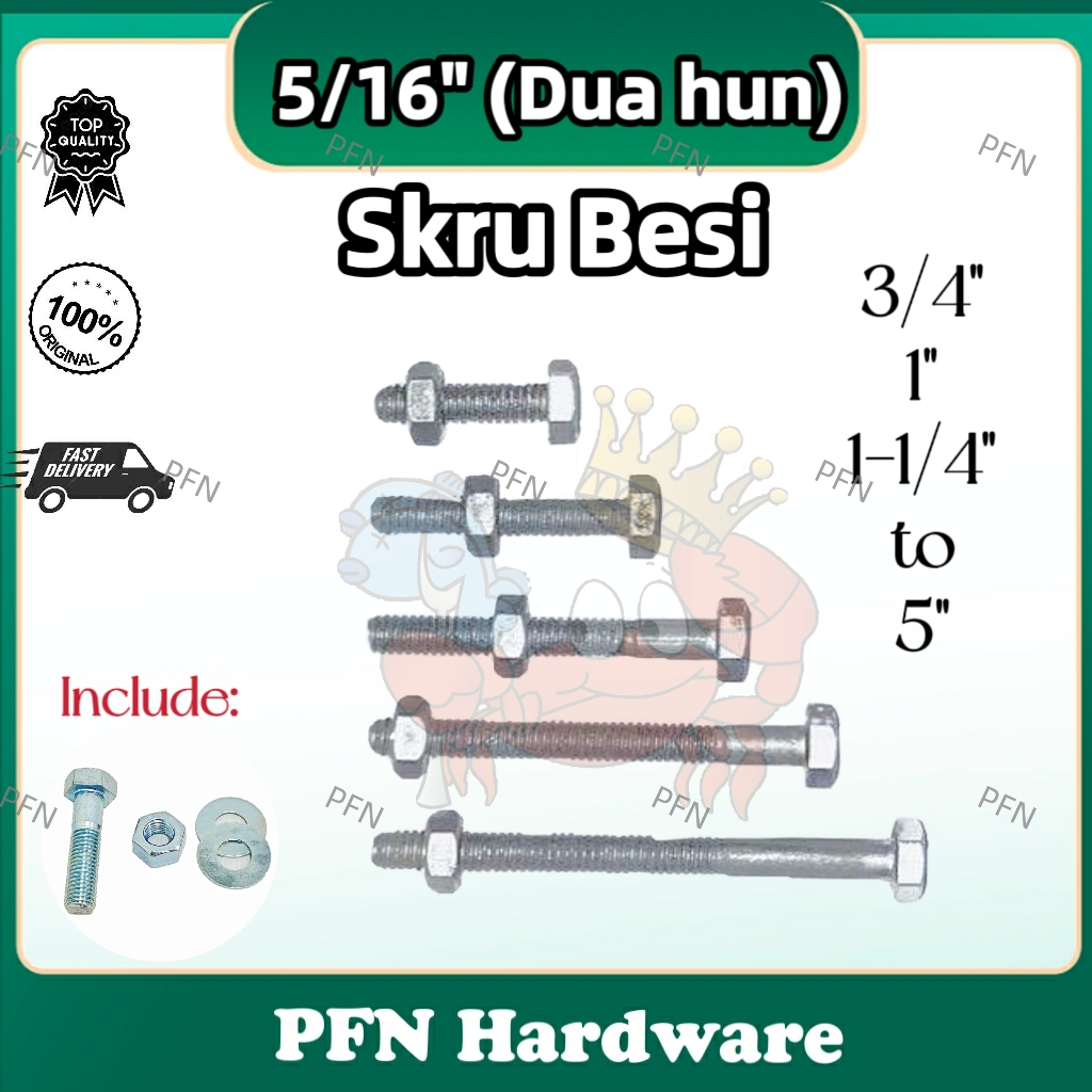 Skru besi 5/16 (8mm) (Dua Hun Setengah) Iron screw Threaded Galvanized ...