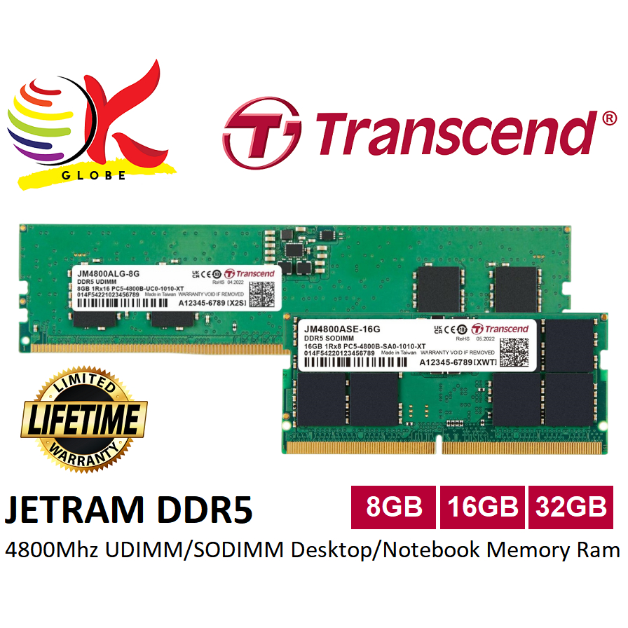 TRANSCEND DDR5 JETRAM DESKTOP PC (DIMM) / LAPTOP NOTEBOOK (SODIMM) 4800MHZ MEMORY RAM CL40 - 8GB ...