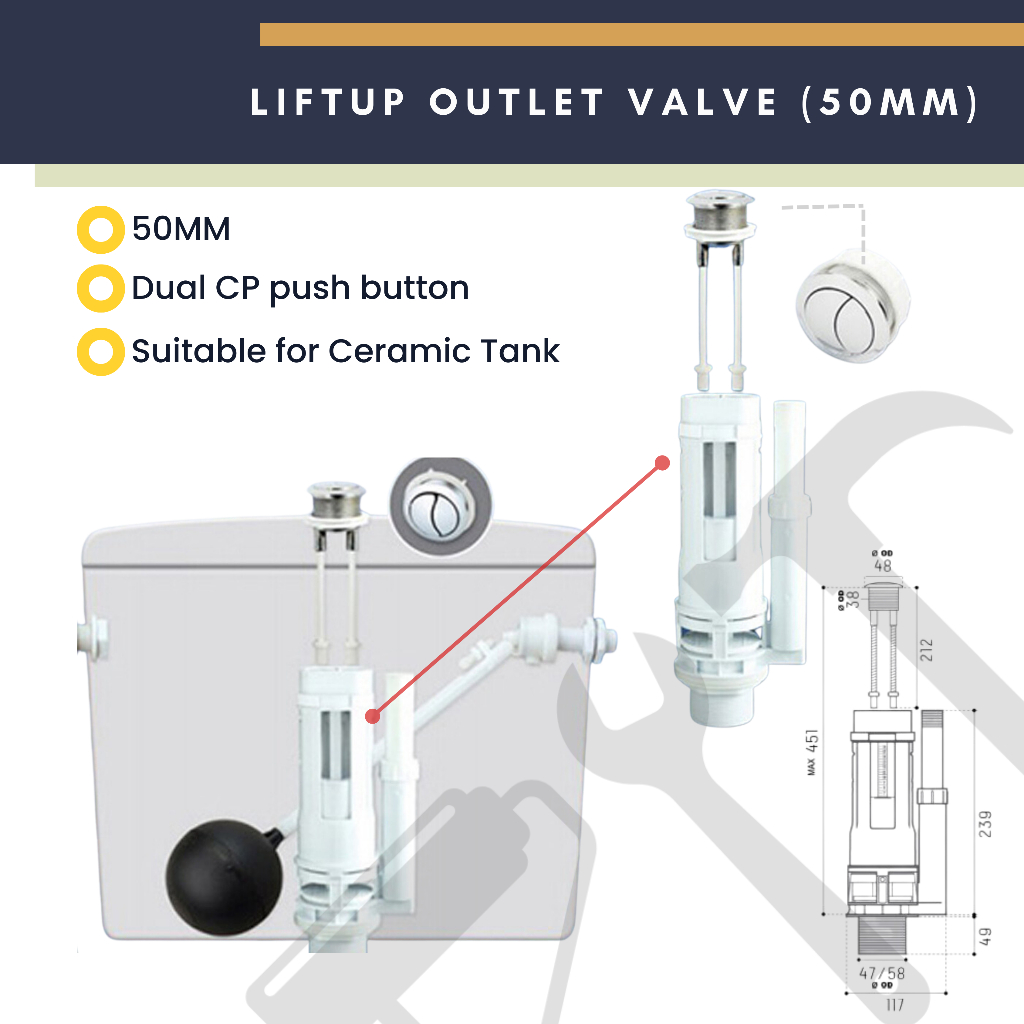 [38MM Push Button] Techplas 50MM Liftup Outlet Valve FAO-OV-S300A Dual Push Button Flushing ...