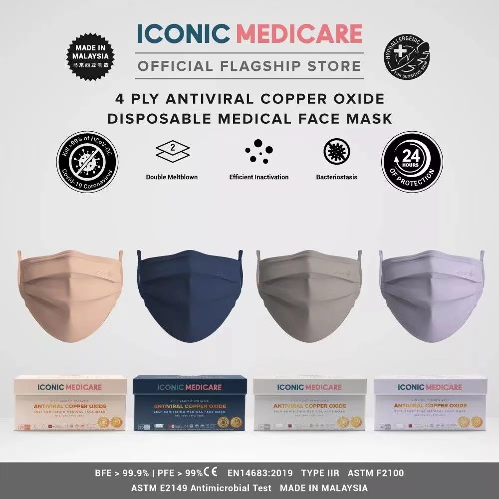 ICONIC 4 Ply Antiviral Copper Medical Face Mask - Plain (30pcs ...