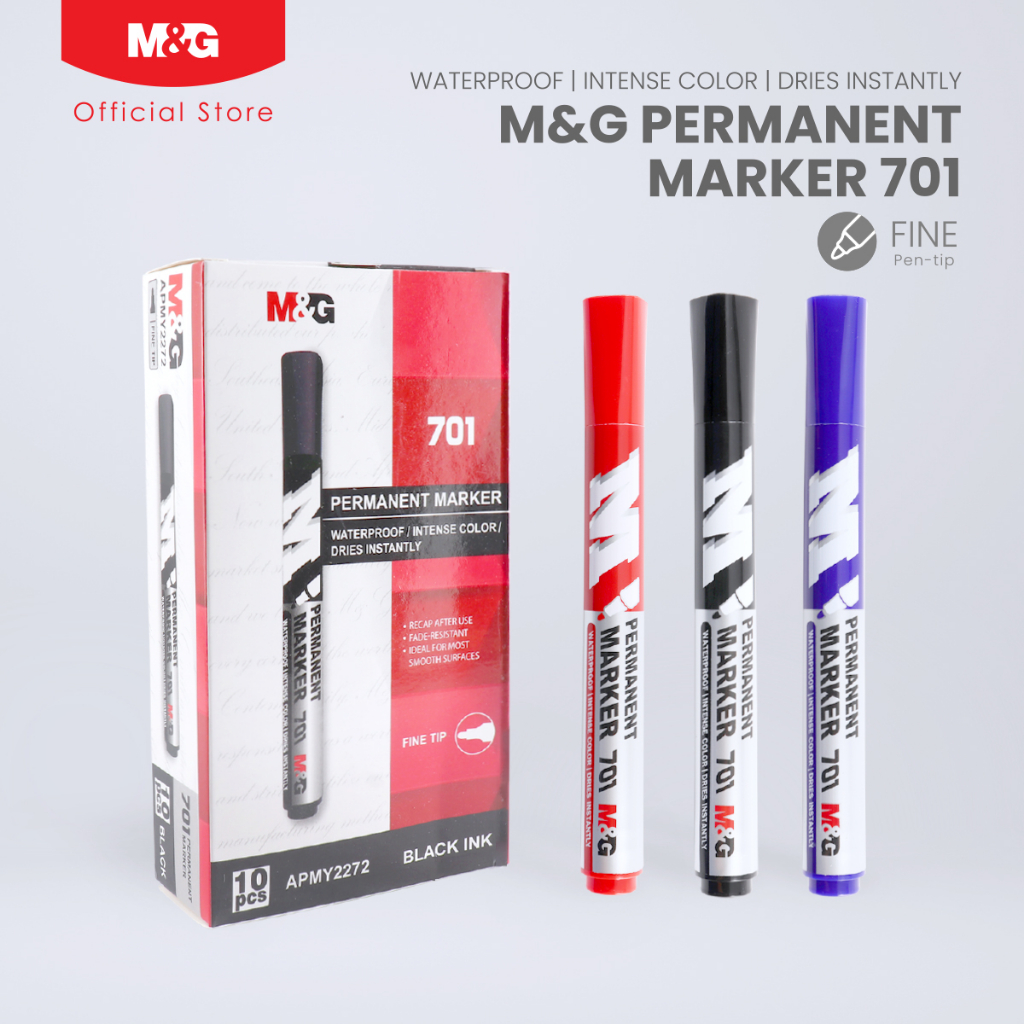 M&G Permanent Marker 701 - 3 Colors, Fine Tip, Waterproof Ink, Intense ...