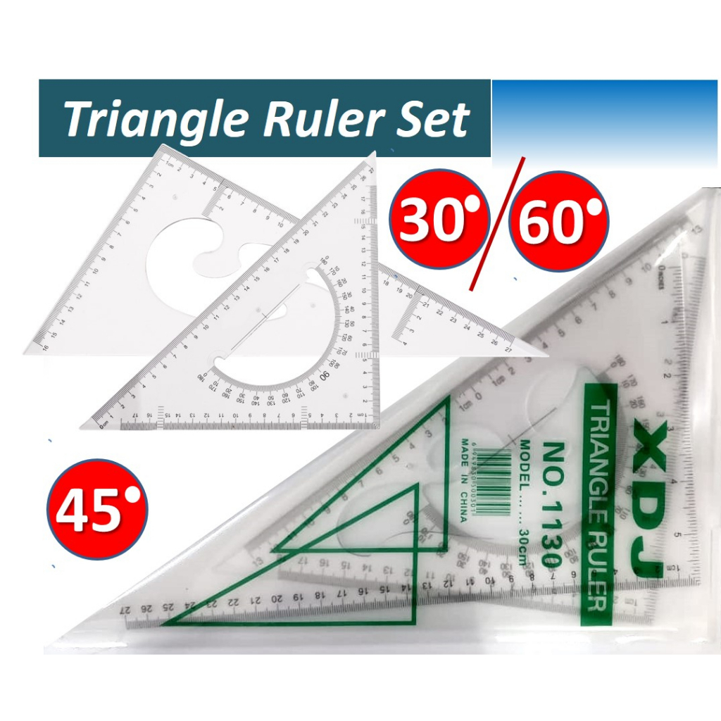 XDJ Plastic Triangle Ruler Set 45 Degree and 30/60 Degree Triangular Ruler Clear Transparent ...