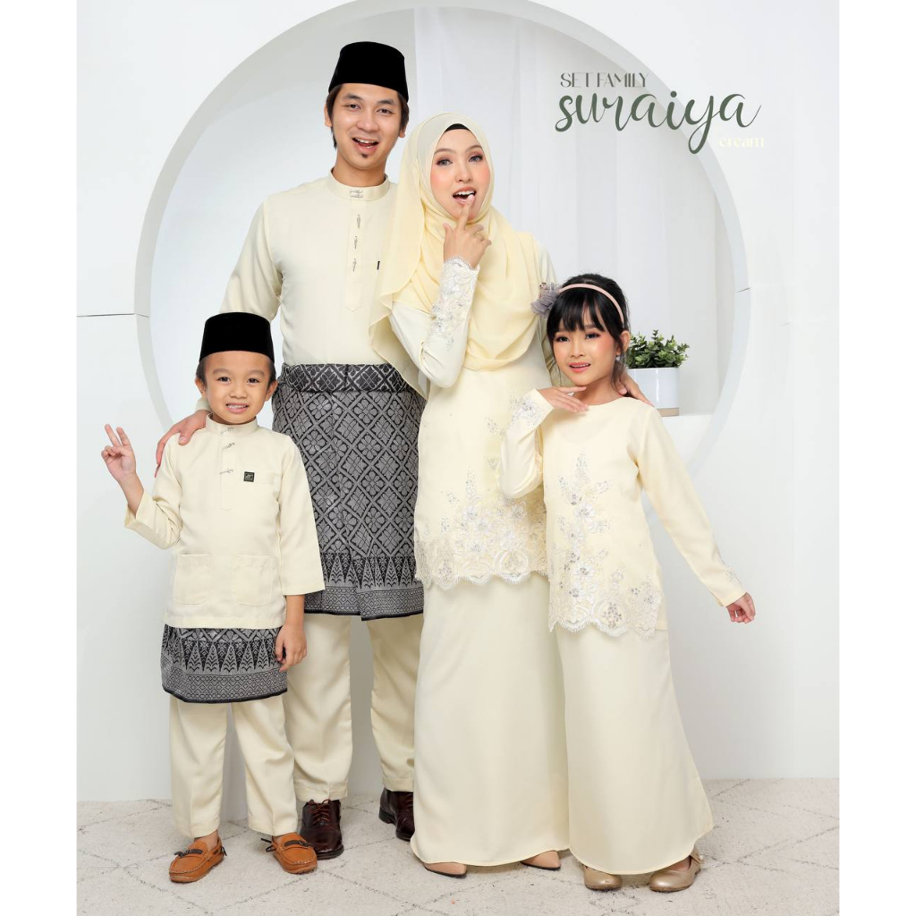 SET FAMILY BAJU KURUNG SURAIYA BAJU MELAYU WARNA CREAM RAYA 2024 BAJU ...