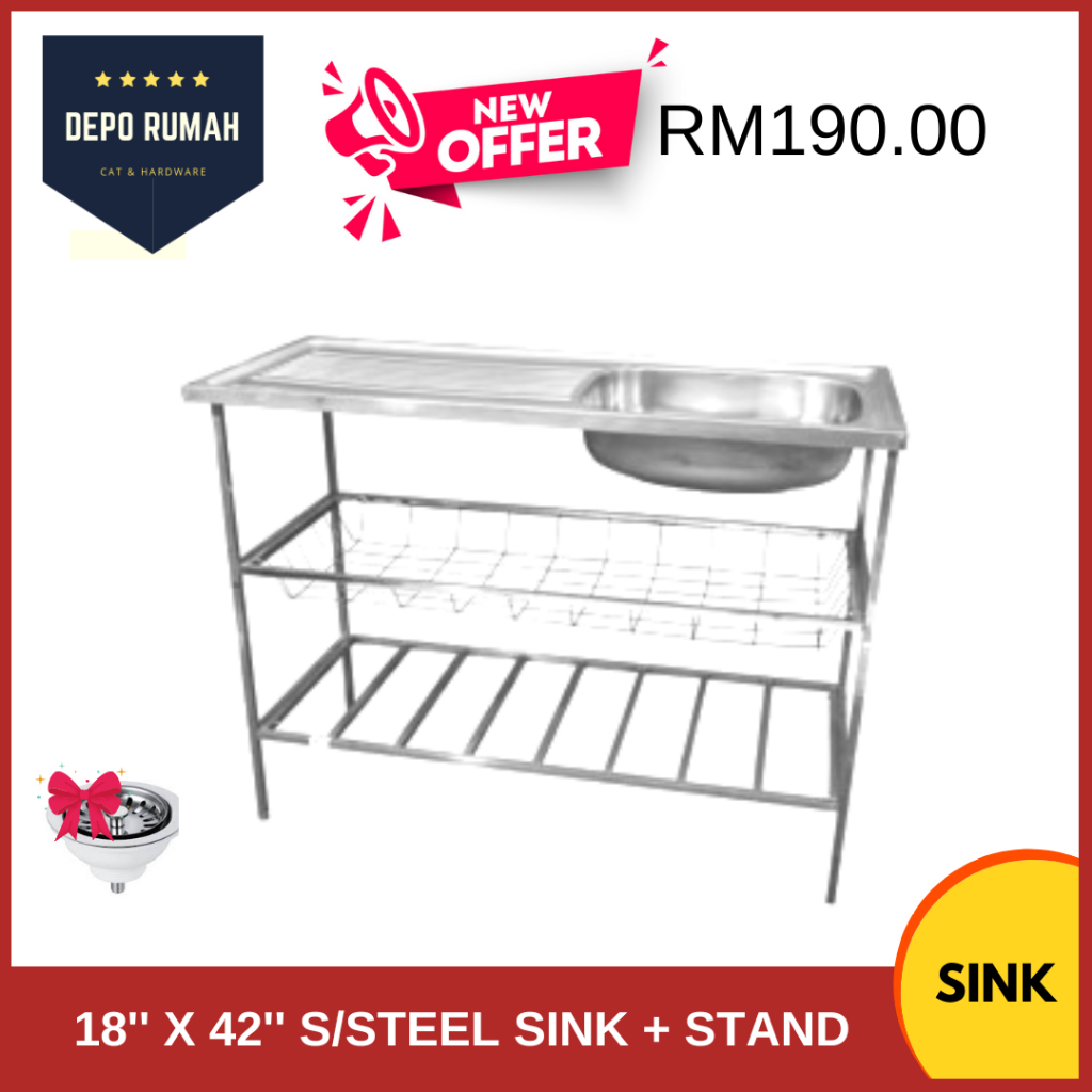 18" x 42" Depo Rumah Sinki Dapur Stainless Steel Sink With S/STEEL Sink ...
