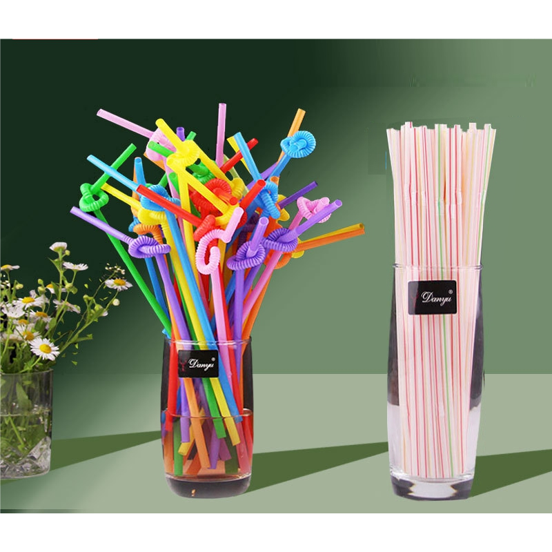 100 Pcs Colorful Disposable Plastic Curved Drinking Straws Wedding ...