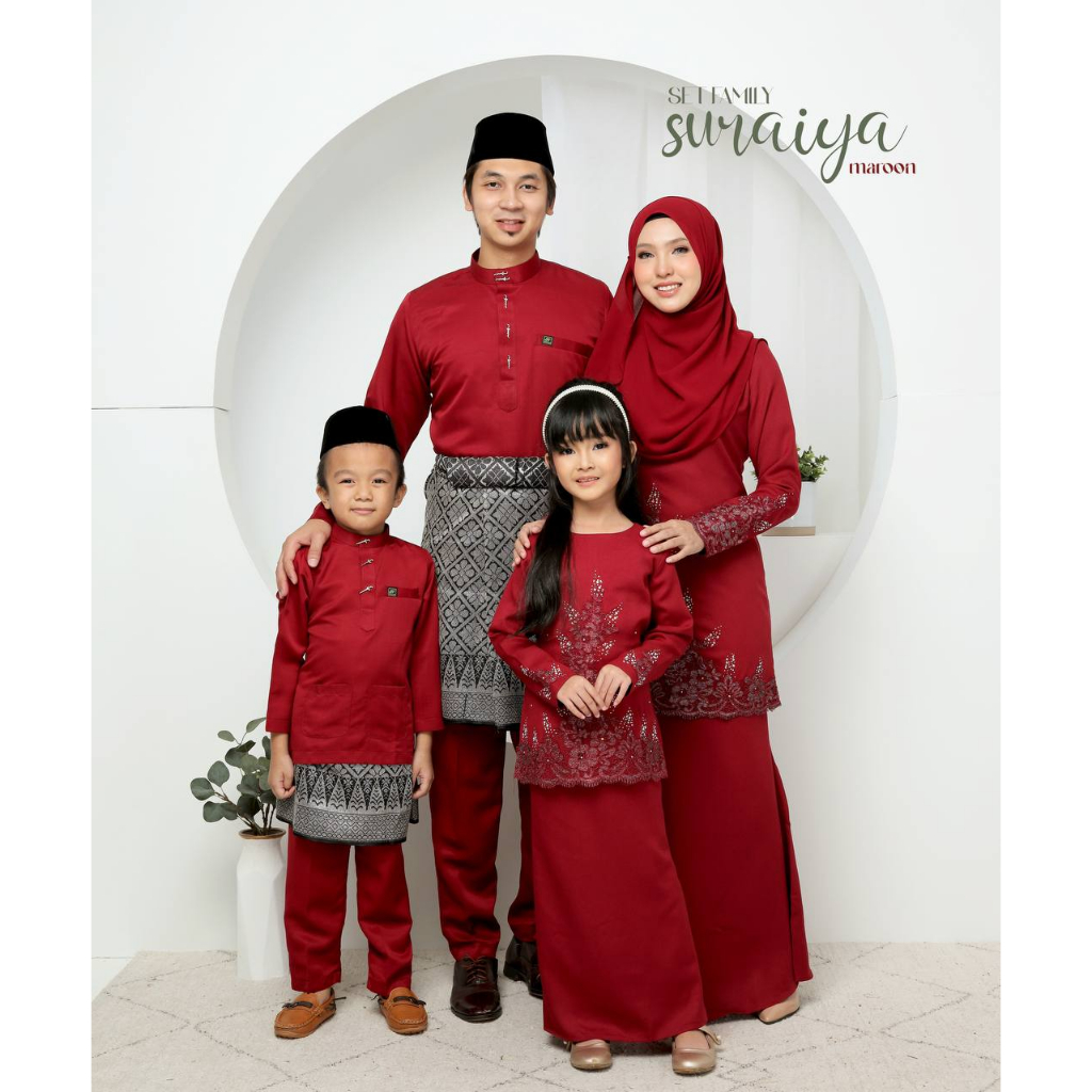 SET FAMILY BAJU KURUNG SURAIYA BAJU MELAYU WARNA MAROON RAYA 2024 BAJU ...