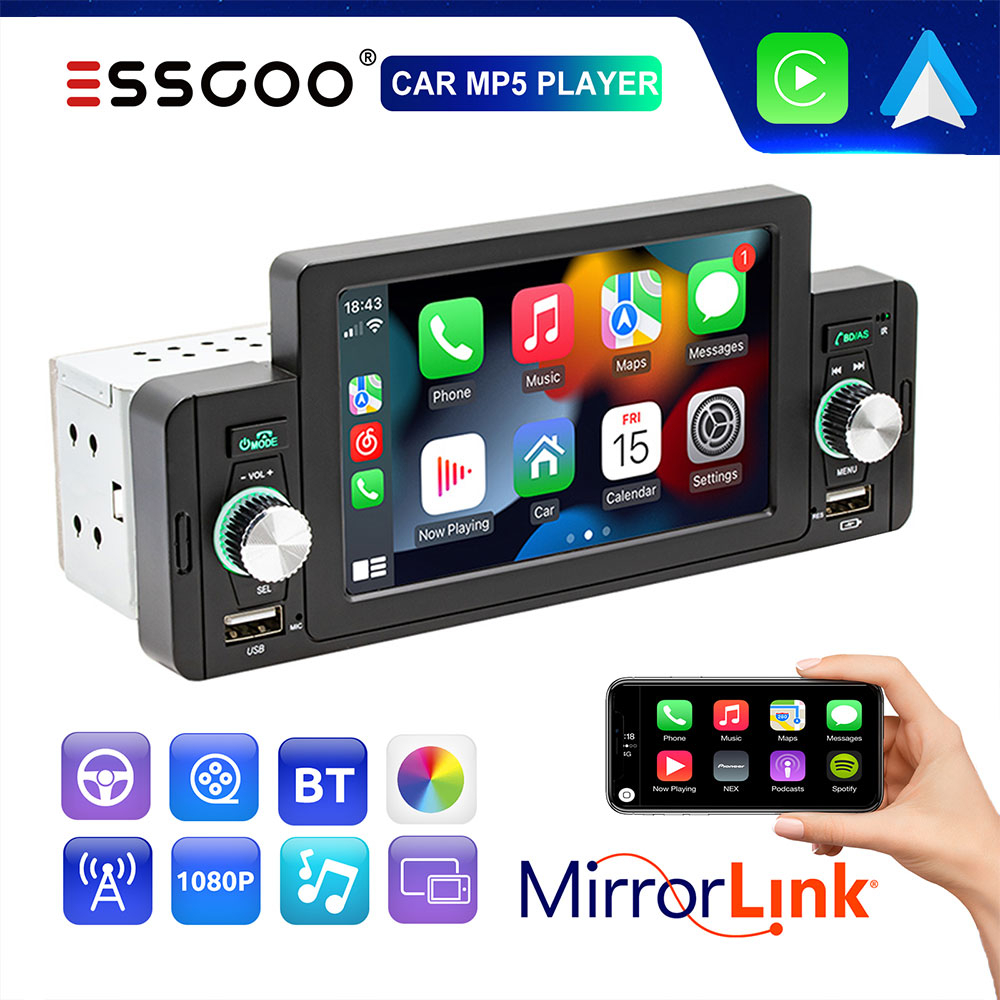 Local Delivery ESSGOO Single 1 Din 5" Car Player Bluetooth Multimedia MP5 Player With Carplay ...