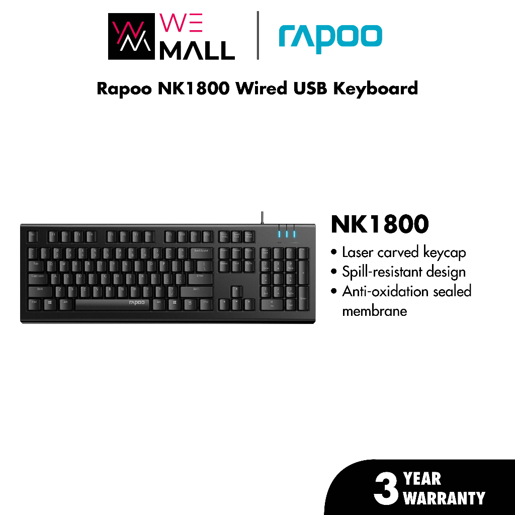 Rapoo NK1800 Spill Resistance Membrane Wired USB Keyboard | Shopee Philippines