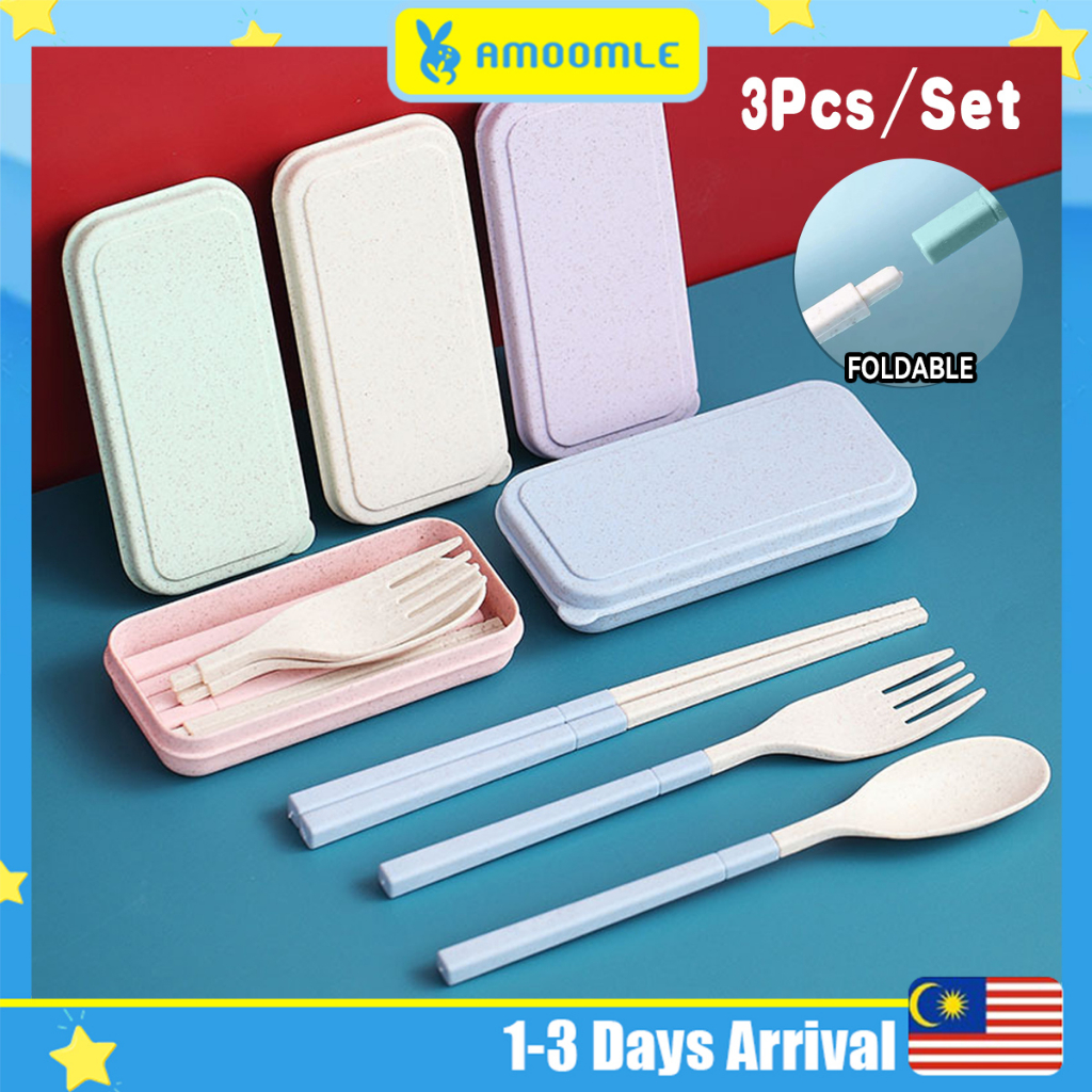 Foldable Wheat Cutlery Set Portable Travel Spoon Fork Chopstick Box ...
