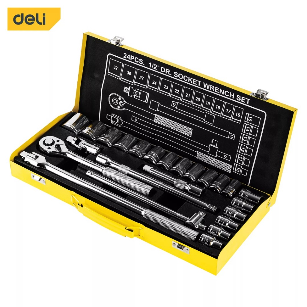 DELI 1/2" 24pcs Socket Set DL2024T Multi-size Ratchet Spanner Wrench ...
