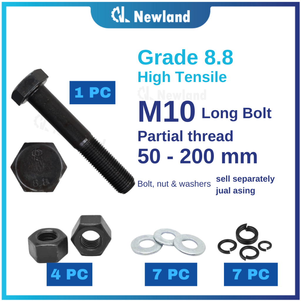 Newland Agriculture M10 Bolt and Nut - Grade 8.8 Hex Long Bolt Partial ...