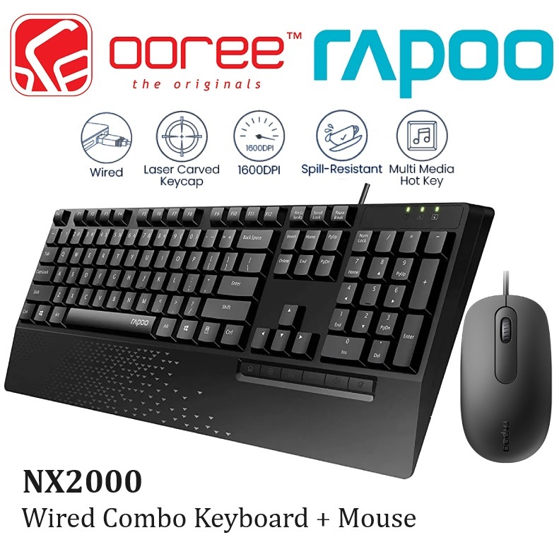 RAPOO NX2000 WIRED USB DESKTOP COMBO SET KEYBOARD + MOUSE WITH 1600DPI ...