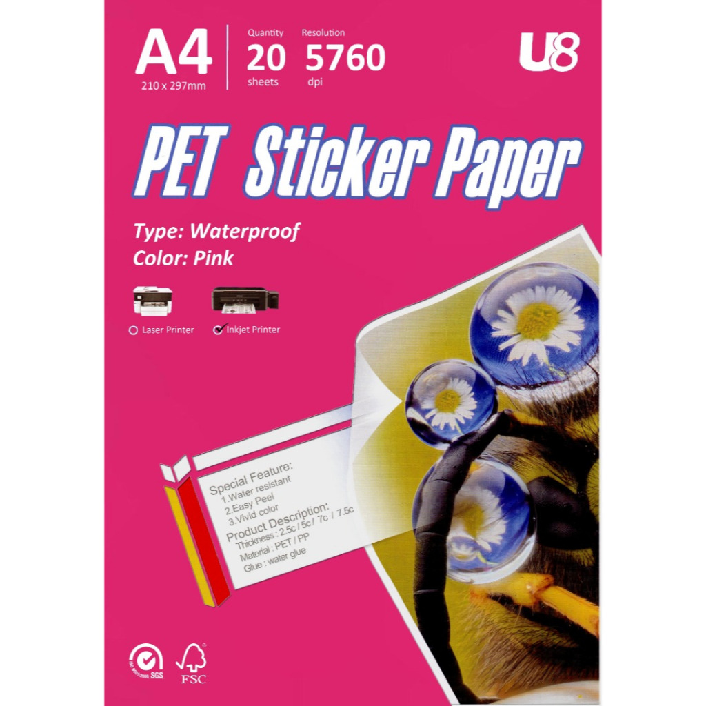 A4 size 20 sheeets PET sticker paper waterproof with strong adhesive ...