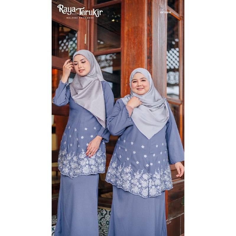 Baju Kurung Sulam Blue Grey Biru Kelabu Ironless Saiz S - 6XL Plus Size ...
