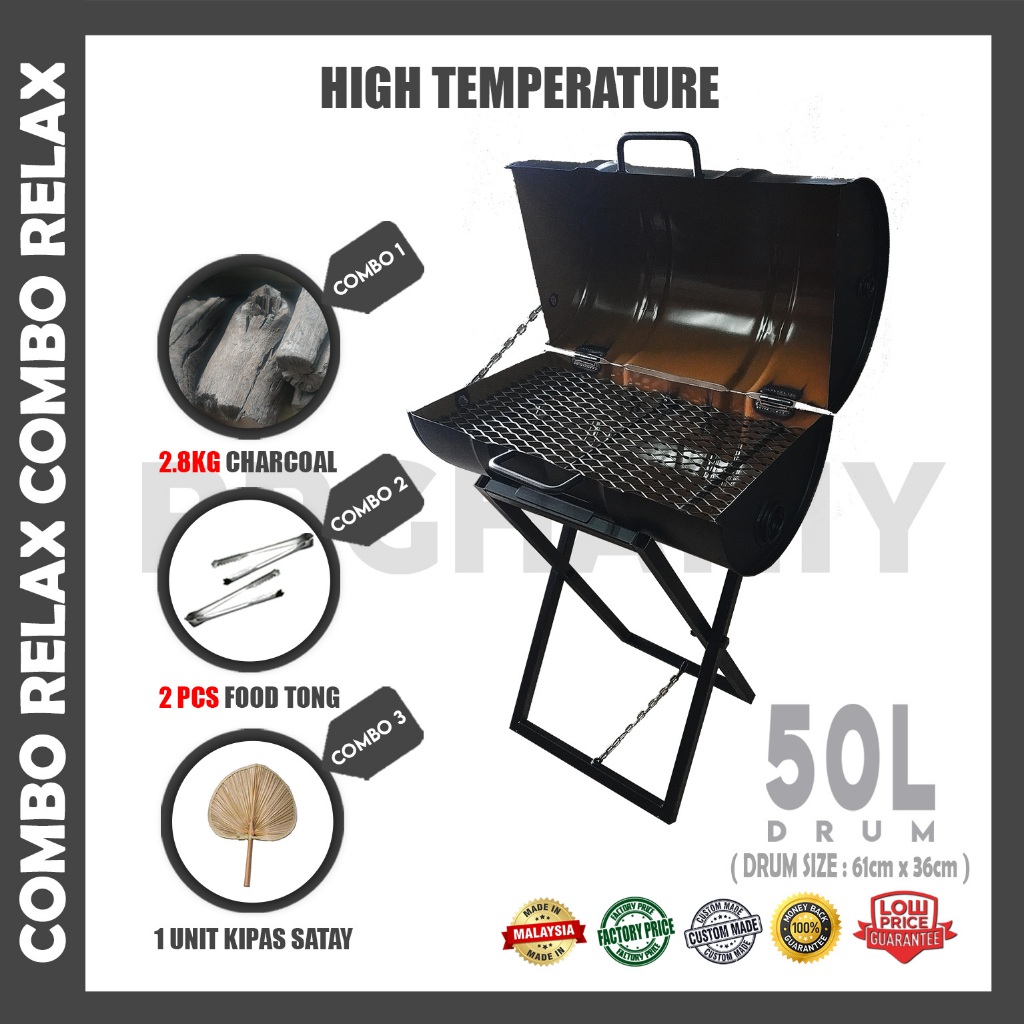 BBQ Grill Outdoor Drum Set Tong Drum 50L BBQ Set Complete With Grill Net Medium Size High Temp ...