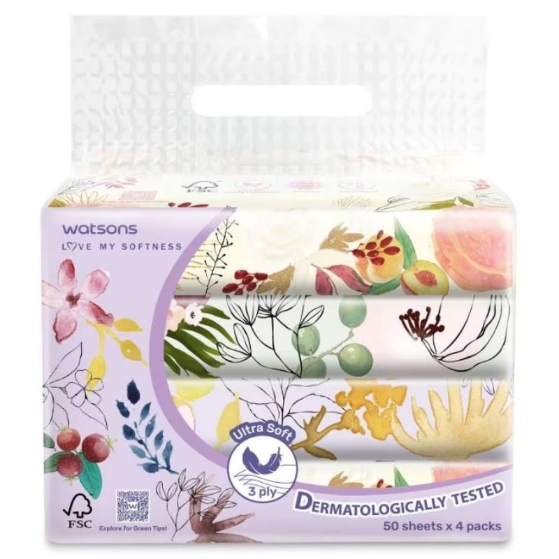 Watsons X-flower Travel Tissues 3 Ply (50 Sheet x 4 Pack) | Shopee ...