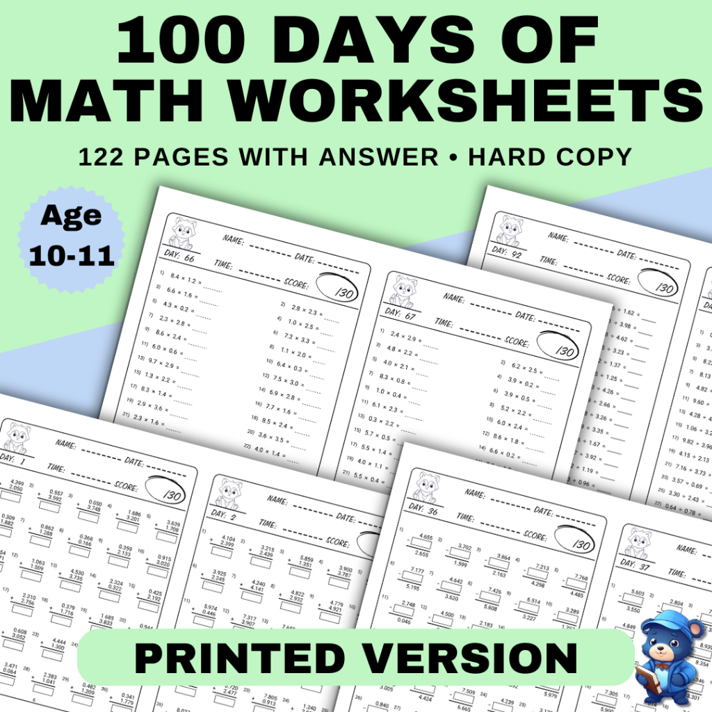 100 Days of Mathematics Worksheets for Kids Aged 10-11 Hardcopy ...
