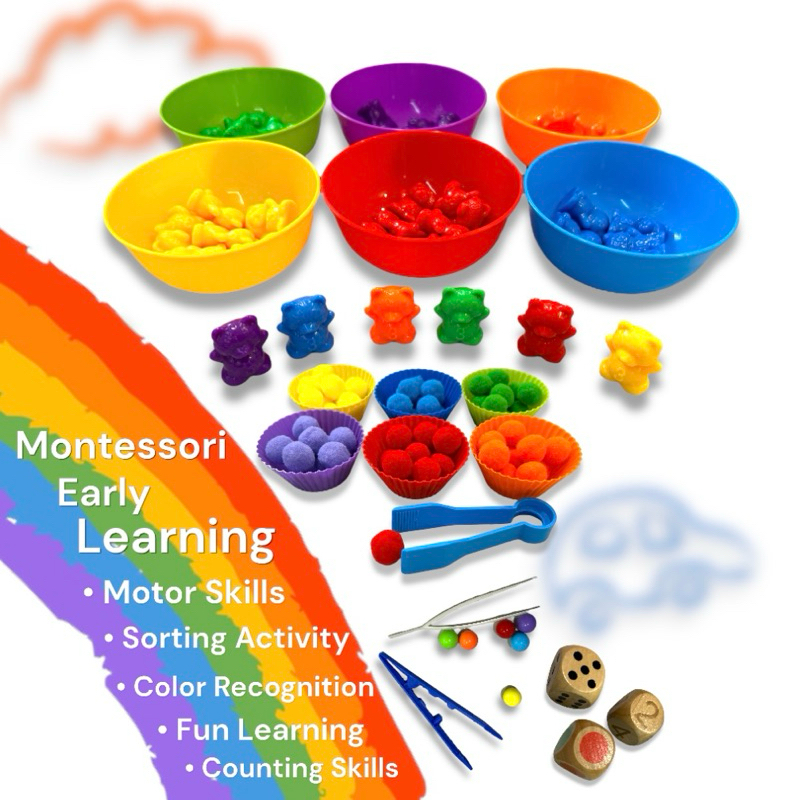 Montessori Learning Counting Toys Color Sorting Pom Pom Toy Rainbow ...