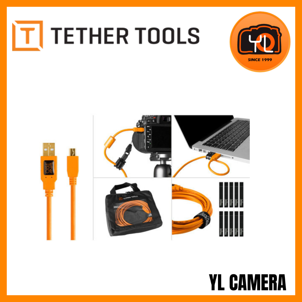 Tether Tools BTK51 Starter Tethering Kit with USB 2.0 Type-A to Mini-B 5-Pin Cable (15', Orange ...