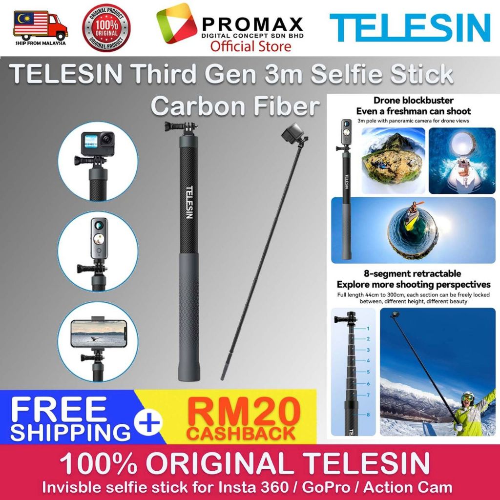 TELESIN Third Gen 3m Carbon Fiber Selfie Stick invisible POLE for ...