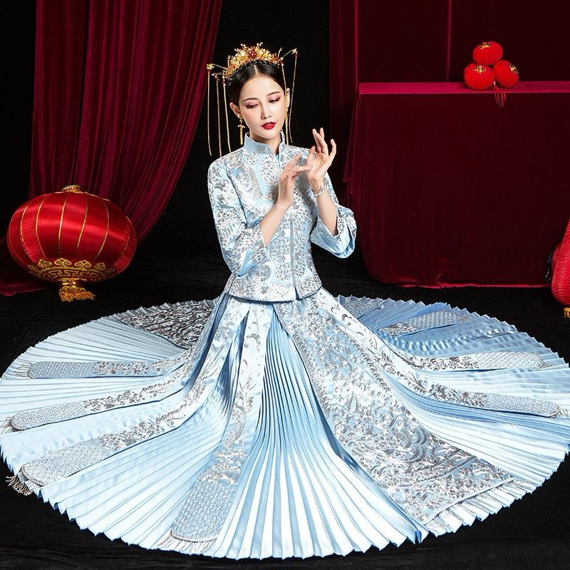 Traditional kua blue new style kua blue Xiuhe Clothing Bride new style ...