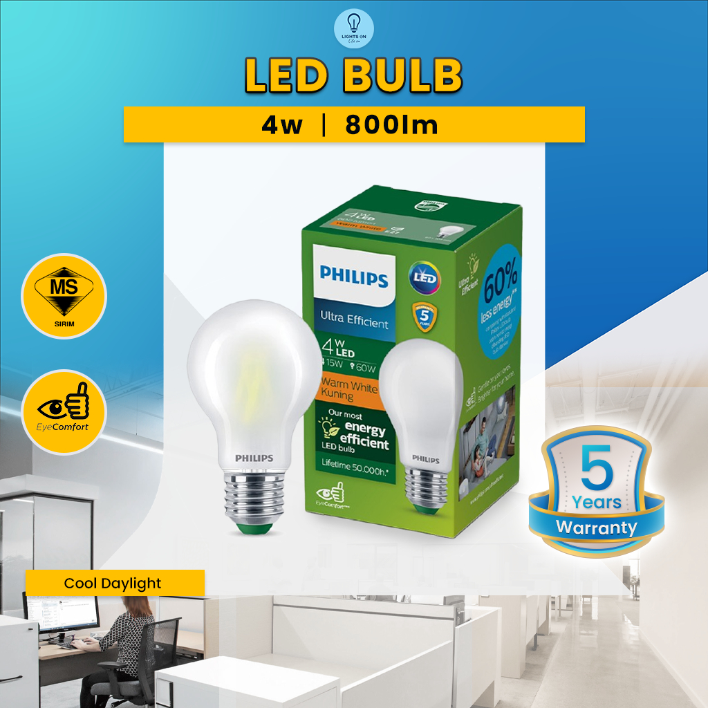 Philips Ultra Efficient LED A60 4W Bulb Mentol LED Lampu Siling Bulb ...