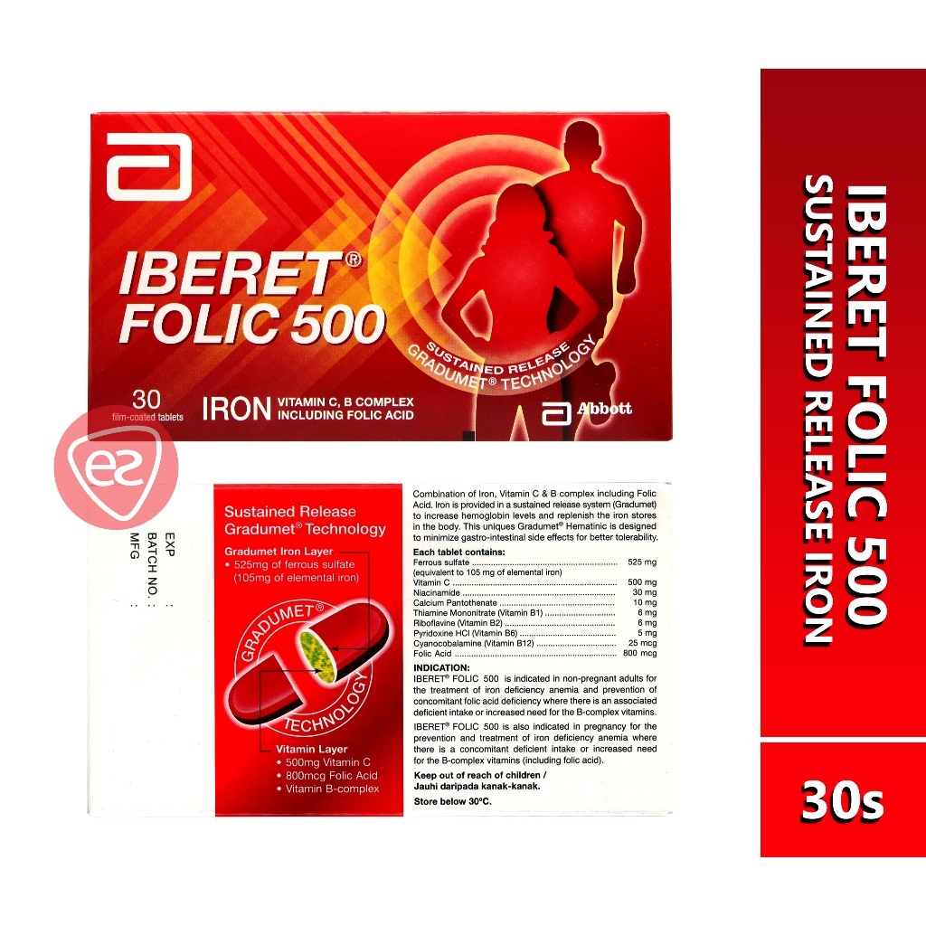 Iberet Folic 500 Film-Coated Tablet 30s (Iron, Vitamin C, B Complex ...