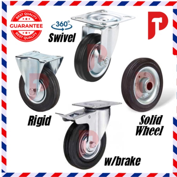 Heavy Duty Solid Castor Rubber Wheel Swivel With Brake / Rigid Caster ...