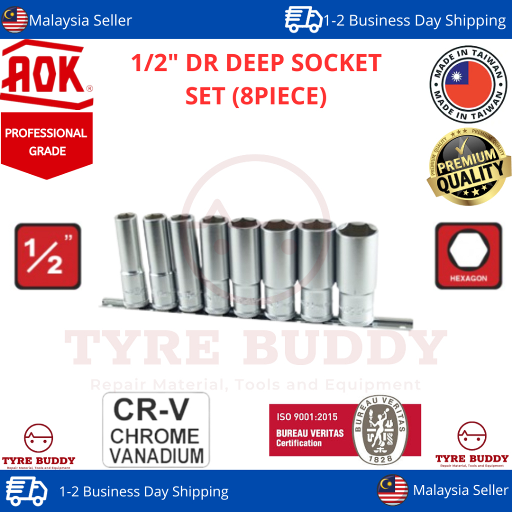 1/2" DR DEEP SOCKET SET (8 Pieces) AOK (Made In Taiwan), 6 Point, Heavy ...