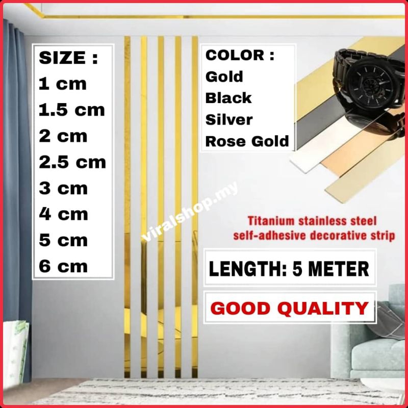 [5 Meter] Stainless Steel Strip Mirror For Wall & Ceiling Gold Strip ...