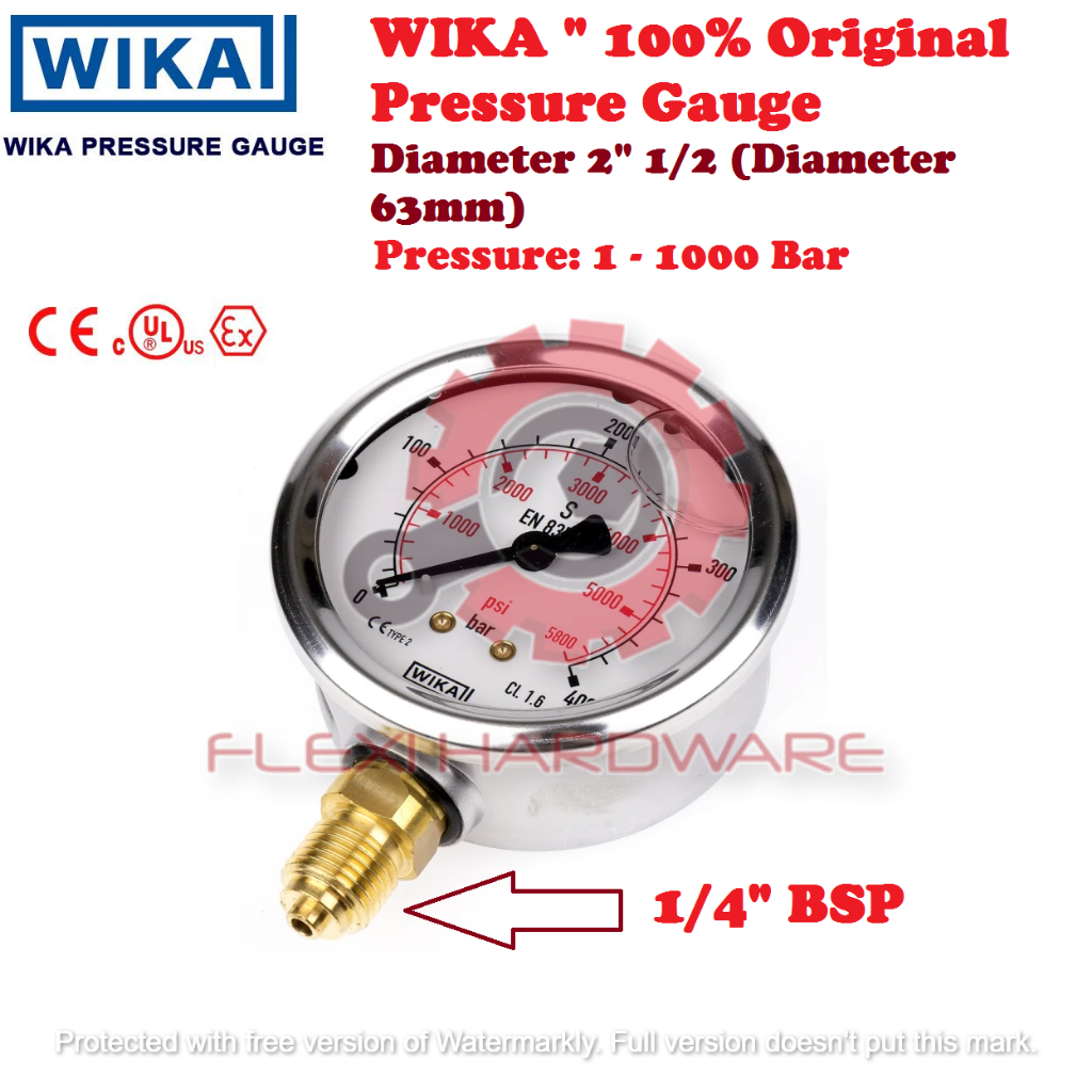 WIKA Pressure Gauge Diameter 2" 1/2 (Diameter 63mm), 1Bar~420Bar, , 1/4 ...